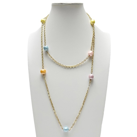 Vintage | Jewelry | Vintage Colorful Pastel Beaded Long Goldtone Chain ...